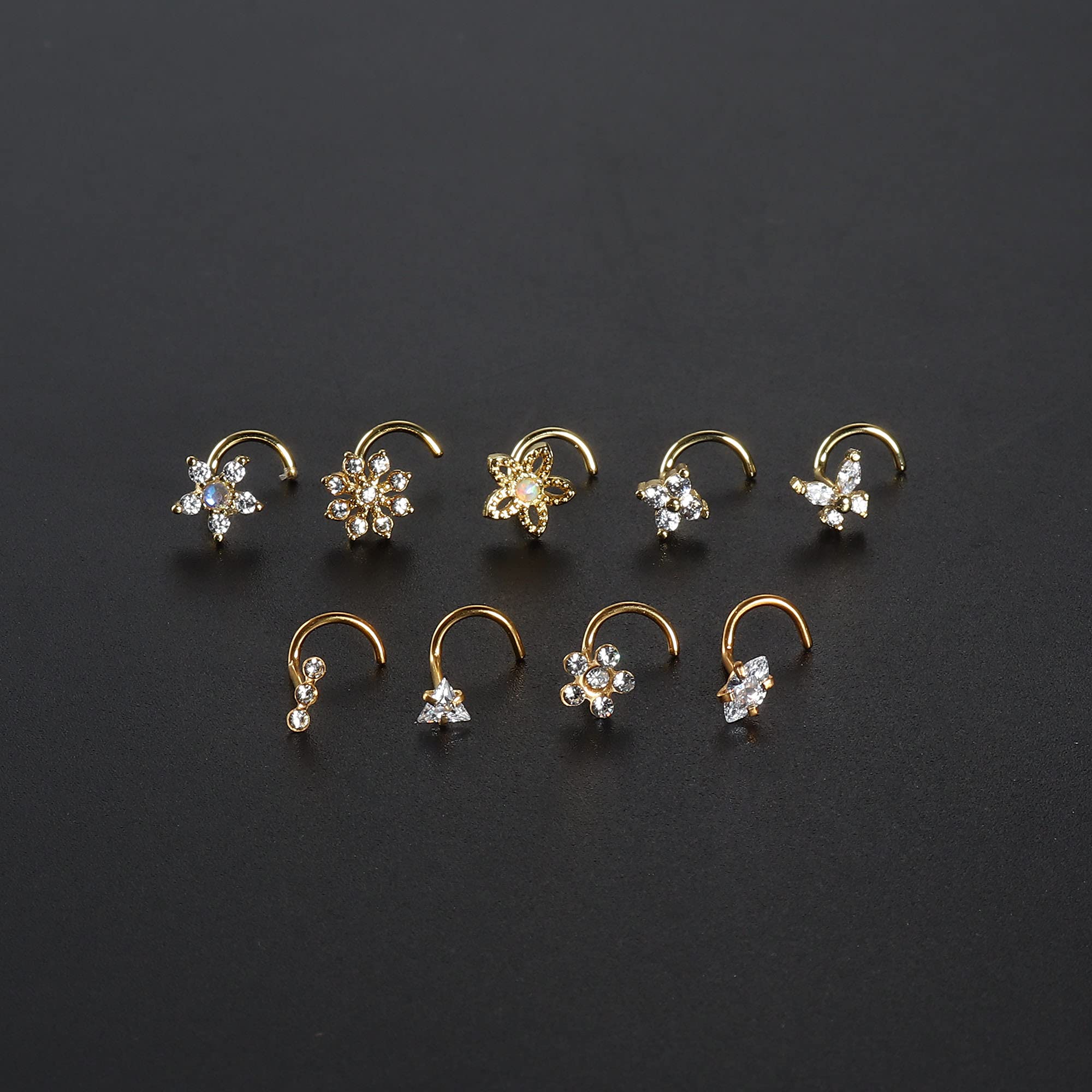 BodyBonita 9Pcs 20G Nose Rings Studs with Big Bling CZ Snowflake Star Top Surgical Steel L-Shaped Nose Studs Triple Linear Gem Ball Round Diamond CZ Nose Piercing Jewelry 7mm(AG)