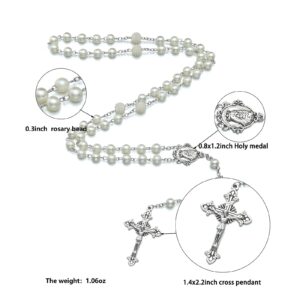 8mm Rosary Beads Necklace White Glass Pearl Catholic Prayer Alloy Cross Necklaces with Jesus Crucifix Fit for Girls Women Religious Gifts Rosaries(Customized velvet bag)