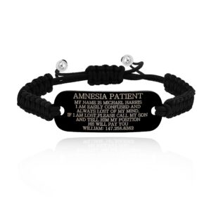 dementia identification bracelet - free dark laser engraving custom personalized handmade black matte onyx bracelet for men women (black braided string)…