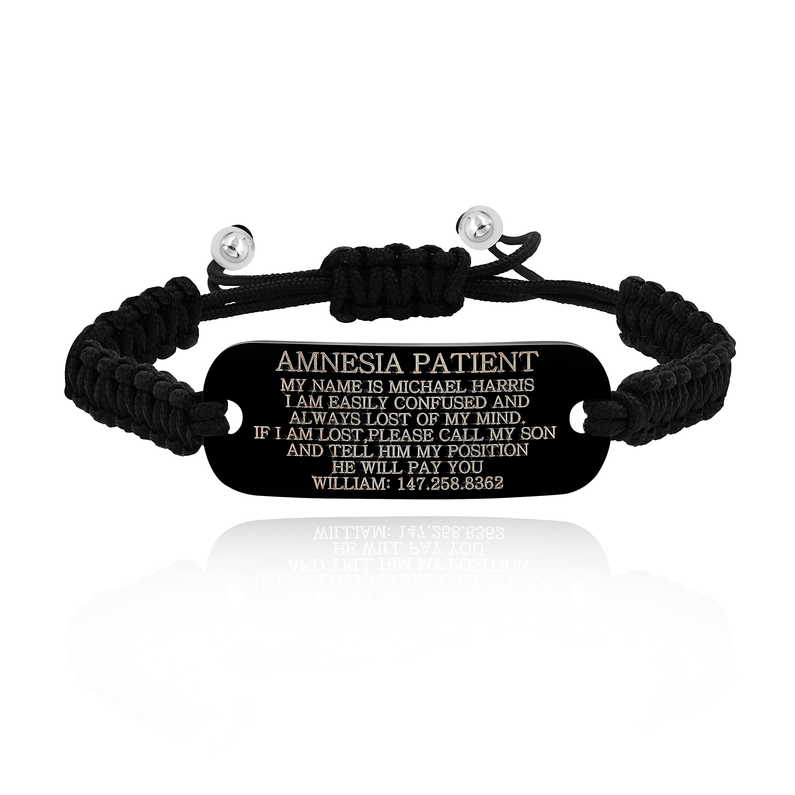 Dementia Identification Bracelet - Free Dark Laser Engraving Custom Personalized Handmade Black Matte Onyx Bracelet for Men Women (Black Braided String)…