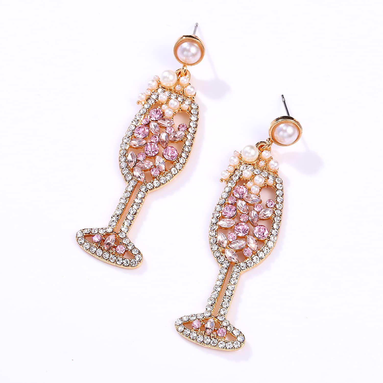 Champagne Wine Glass Earrings-Handmade Champagne Flute Earrings -Charm Rhinestone Crystal Pearl beaded Drop Dangle Earrings- Cute Pretty Earrings For Woman (rose gold)