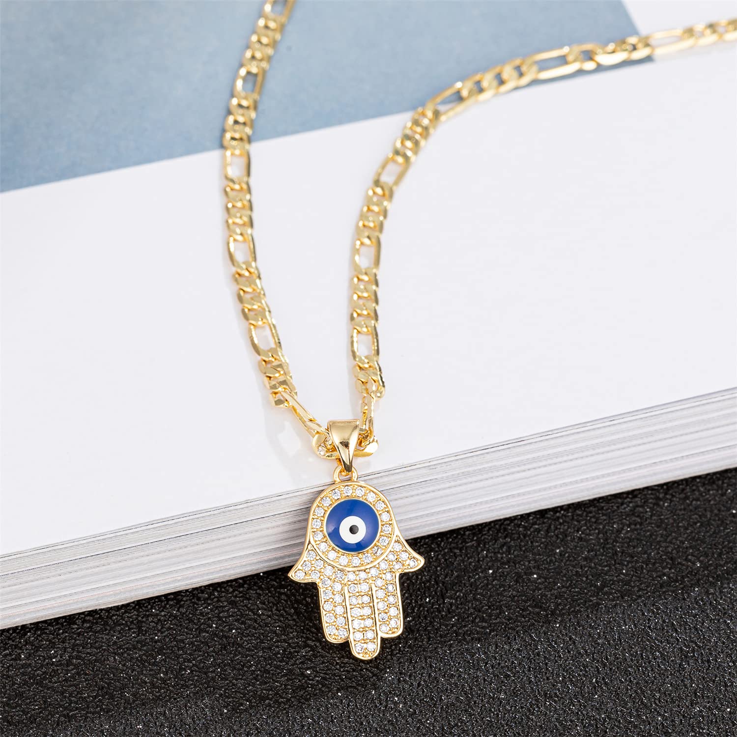 kelistom 14K Gold Plated Evil Eye Hamsa Hand Necklace for Women Men | Gold Cubic Zirconia Inlay Evil Eye Pendant Necklace | 3mm Figaro Chain Necklace 18/22 inches