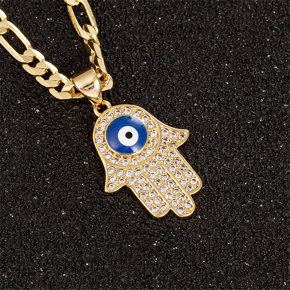 kelistom 14K Gold Plated Evil Eye Hamsa Hand Necklace for Women Men | Gold Cubic Zirconia Inlay Evil Eye Pendant Necklace | 3mm Figaro Chain Necklace 18/22 inches