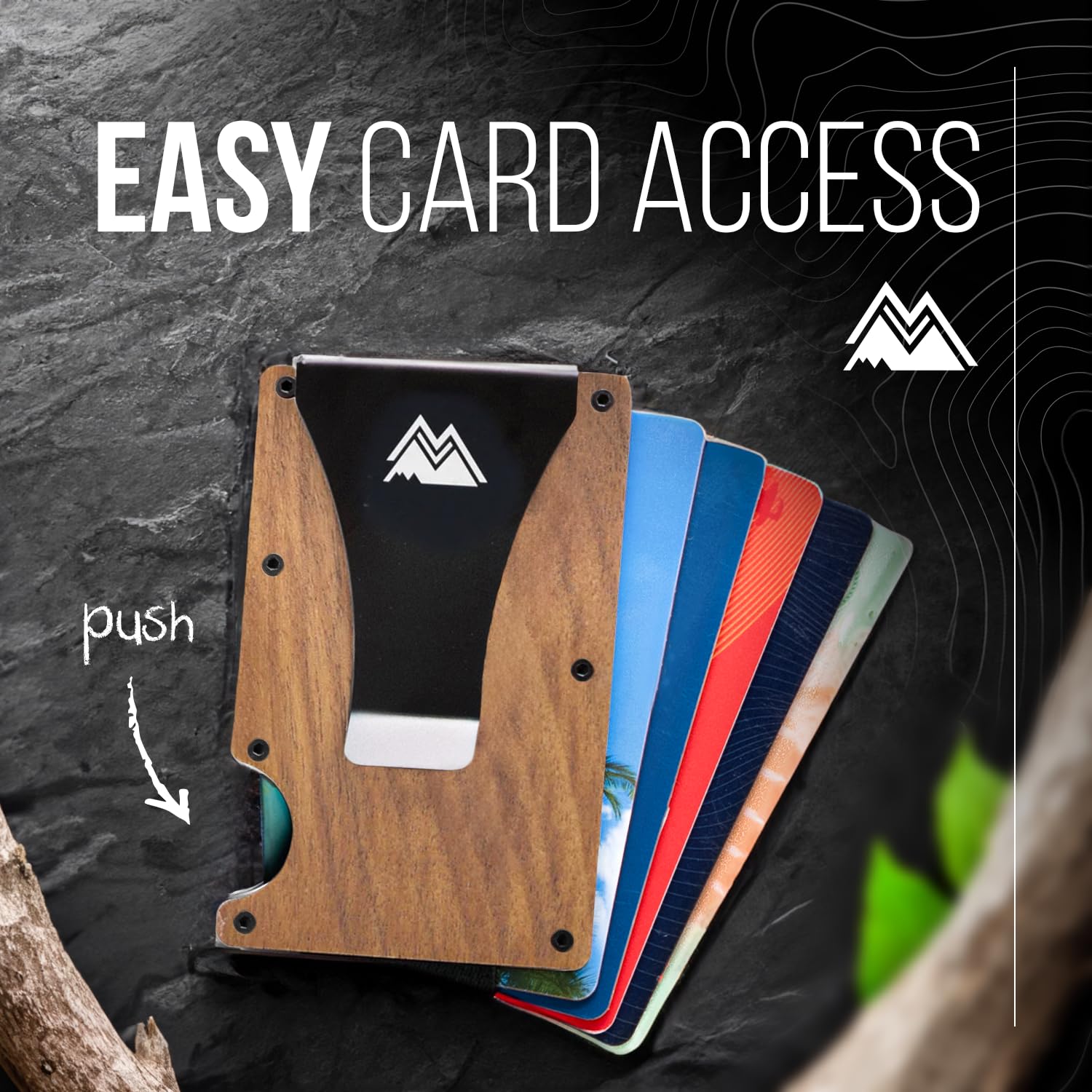 Mountain Voyage Minimalist Wallet for Men - Slim RFID Wallet, Scratch Resistant, Natural Walnut Wood Credit Card Holder & Money Clip, Easily Removable Money & Cards, Mens Wallets