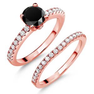 gem stone king 18k rose gold plated silver black onyx and white moissanite wedding engagement band bridal set ring for women (1.29 cttw, gemstone december birthstone, available in size 5, 6, 7, 8, 9)