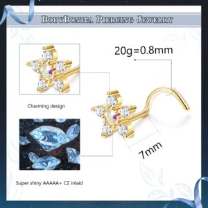 BodyBonita 9Pcs 20G Nose Rings Studs with Big Bling CZ Snowflake Star Top Surgical Steel L-Shaped Nose Studs Triple Linear Gem Ball Round Diamond CZ Nose Piercing Jewelry 7mm(AG)