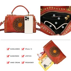 Genuine Leather Purses Pocketbooks for Women, Handmade Vintage Handbag Top Handle Satchel Mandala Totem Crossbody (Orange brown)