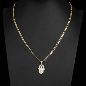 kelistom 14K Gold Plated Evil Eye Hamsa Hand Necklace for Women Men | Gold Cubic Zirconia Inlay Evil Eye Pendant Necklace | 3mm Figaro Chain Necklace 18/22 inches