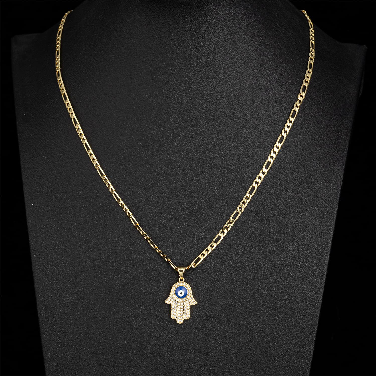 kelistom 14K Gold Plated Evil Eye Hamsa Hand Necklace for Women Men | Gold Cubic Zirconia Inlay Evil Eye Pendant Necklace | 3mm Figaro Chain Necklace 18/22 inches