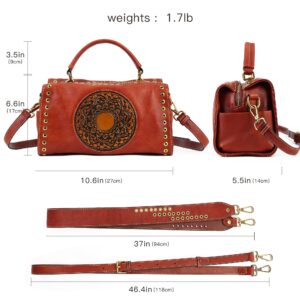 Genuine Leather Purses Pocketbooks for Women, Handmade Vintage Handbag Top Handle Satchel Mandala Totem Crossbody (Orange brown)