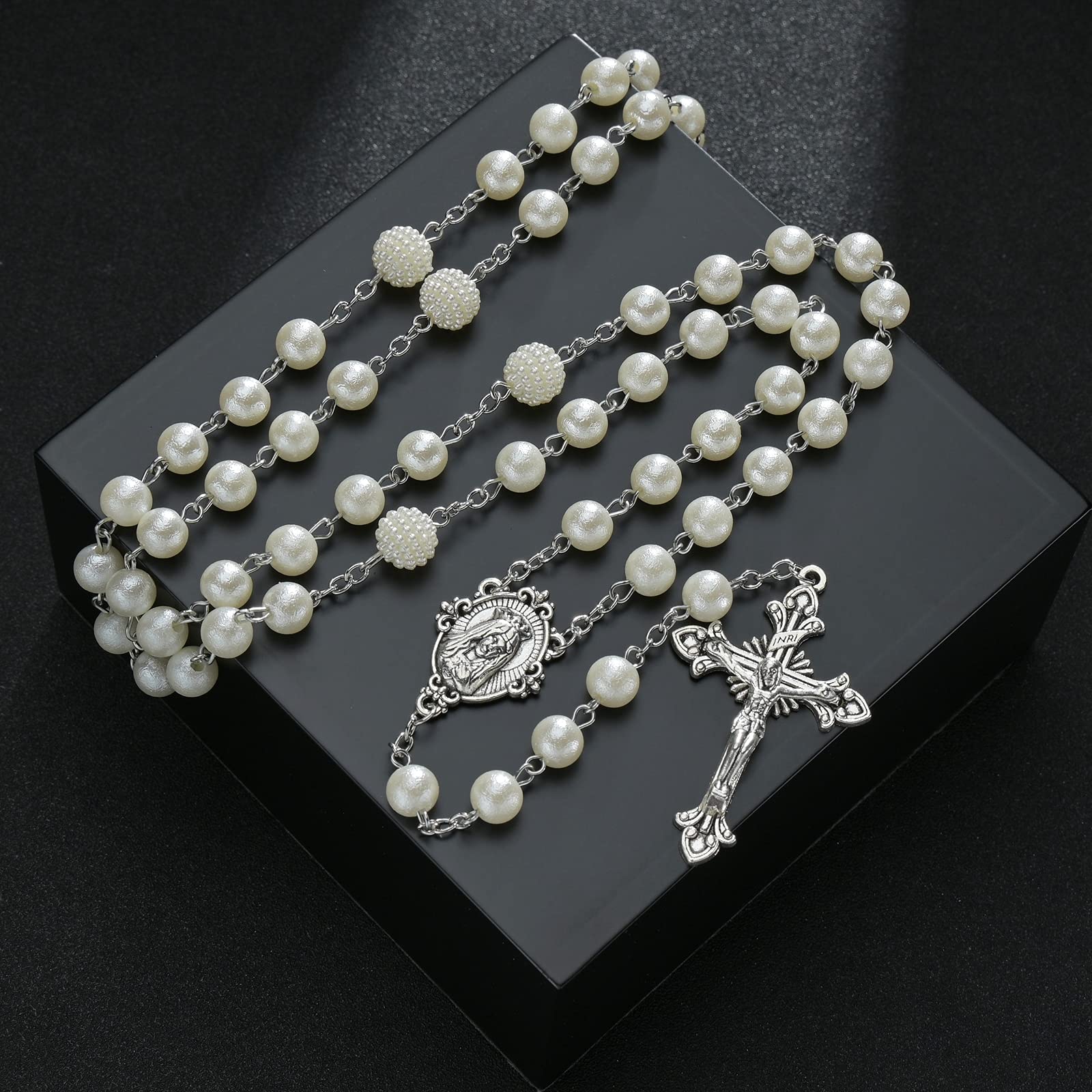 8mm Rosary Beads Necklace White Glass Pearl Catholic Prayer Alloy Cross Necklaces with Jesus Crucifix Fit for Girls Women Religious Gifts Rosaries(Customized velvet bag)