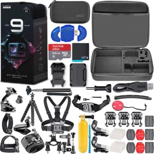 gopro hero9 (hero 9) action camera (black) with deluxe accessory bundle – includes: sandisk ultra 64gb microsd memory card, carrying case, chest mount, head mount, floating grip & much more