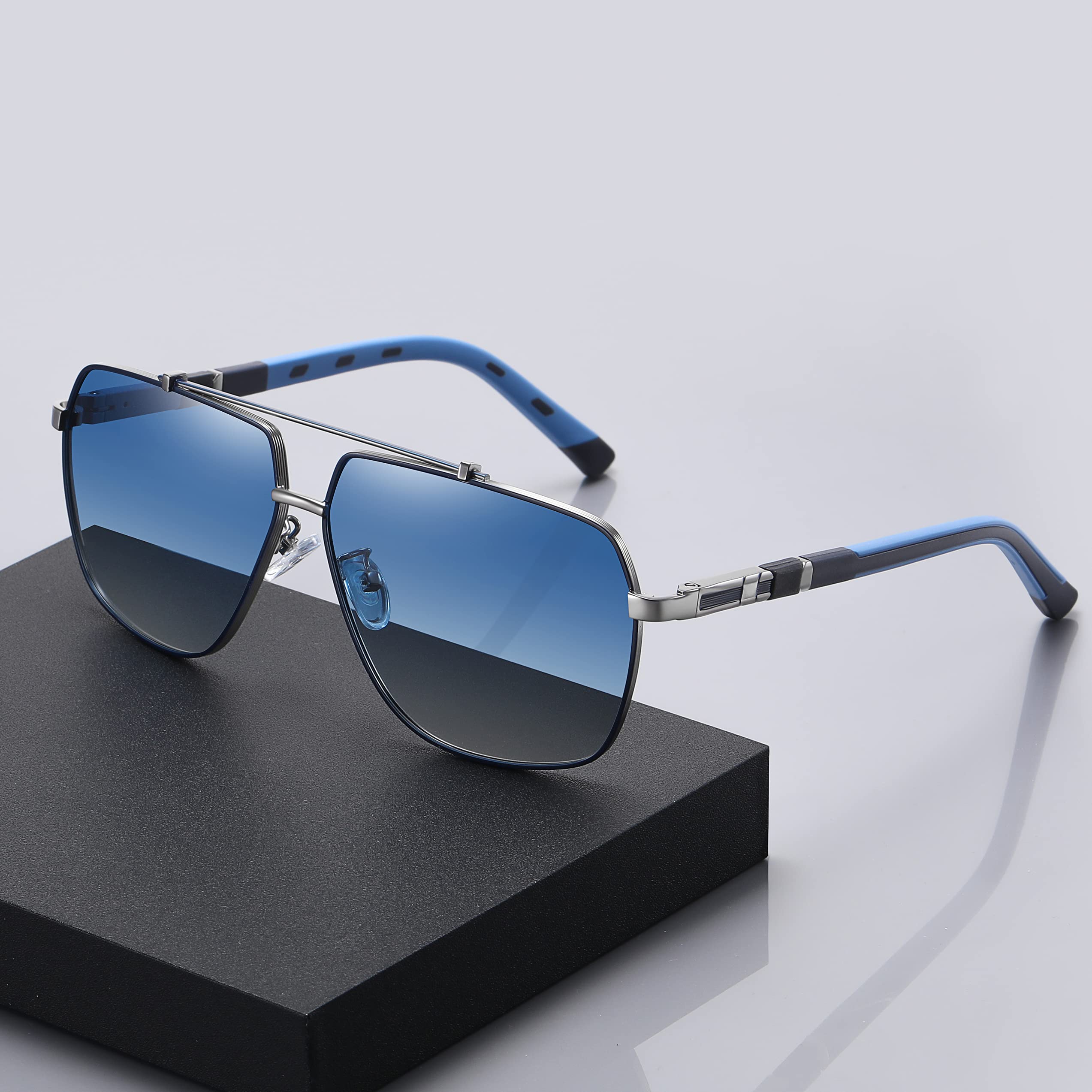 Haigfore Polarized Sunglasses Classic Fashion Oversized Frame for Men Driving UV Protection (Gunmetal Frame/Gradient Blue Lens)