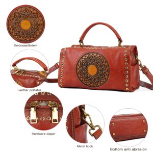 Genuine Leather Purses Pocketbooks for Women, Handmade Vintage Handbag Top Handle Satchel Mandala Totem Crossbody (Orange brown)