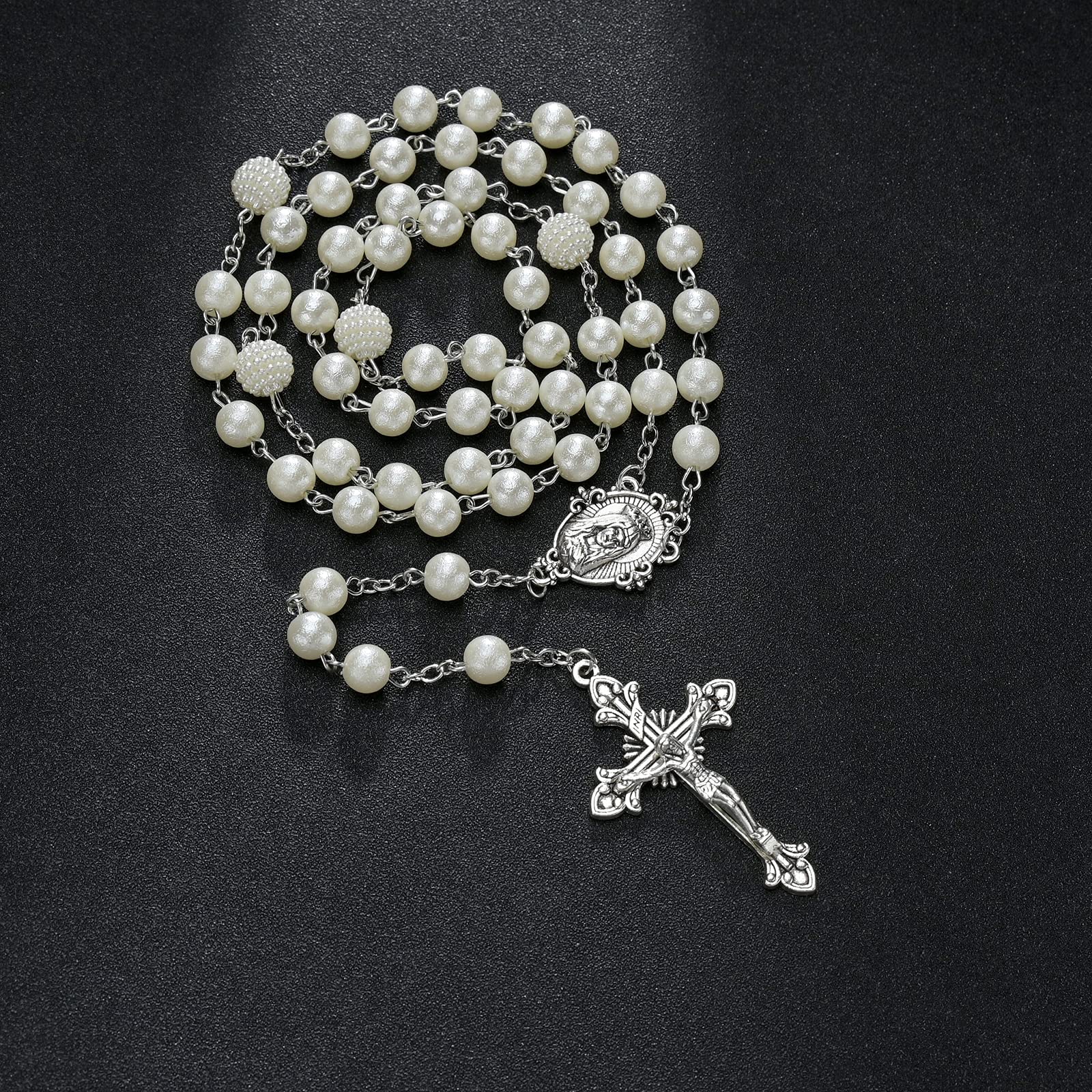 8mm Rosary Beads Necklace White Glass Pearl Catholic Prayer Alloy Cross Necklaces with Jesus Crucifix Fit for Girls Women Religious Gifts Rosaries(Customized velvet bag)