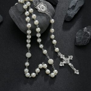 8mm Rosary Beads Necklace White Glass Pearl Catholic Prayer Alloy Cross Necklaces with Jesus Crucifix Fit for Girls Women Religious Gifts Rosaries(Customized velvet bag)