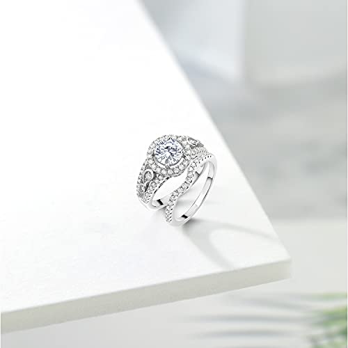 Gem Stone King 925 Sterling Silver Moissanite Women Wedding Engagement Ring Band Bridal Set (1.74 Cttw, Center 6.5MM, Available in size 5, 6, 7, 8, 9)