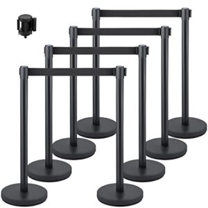 vevor crowd control stanchion set, stanchion set with 6.6 ft/2 m black retractable belt, black crowd control barrier w/concrete and metal base - easy connect assembly (8)