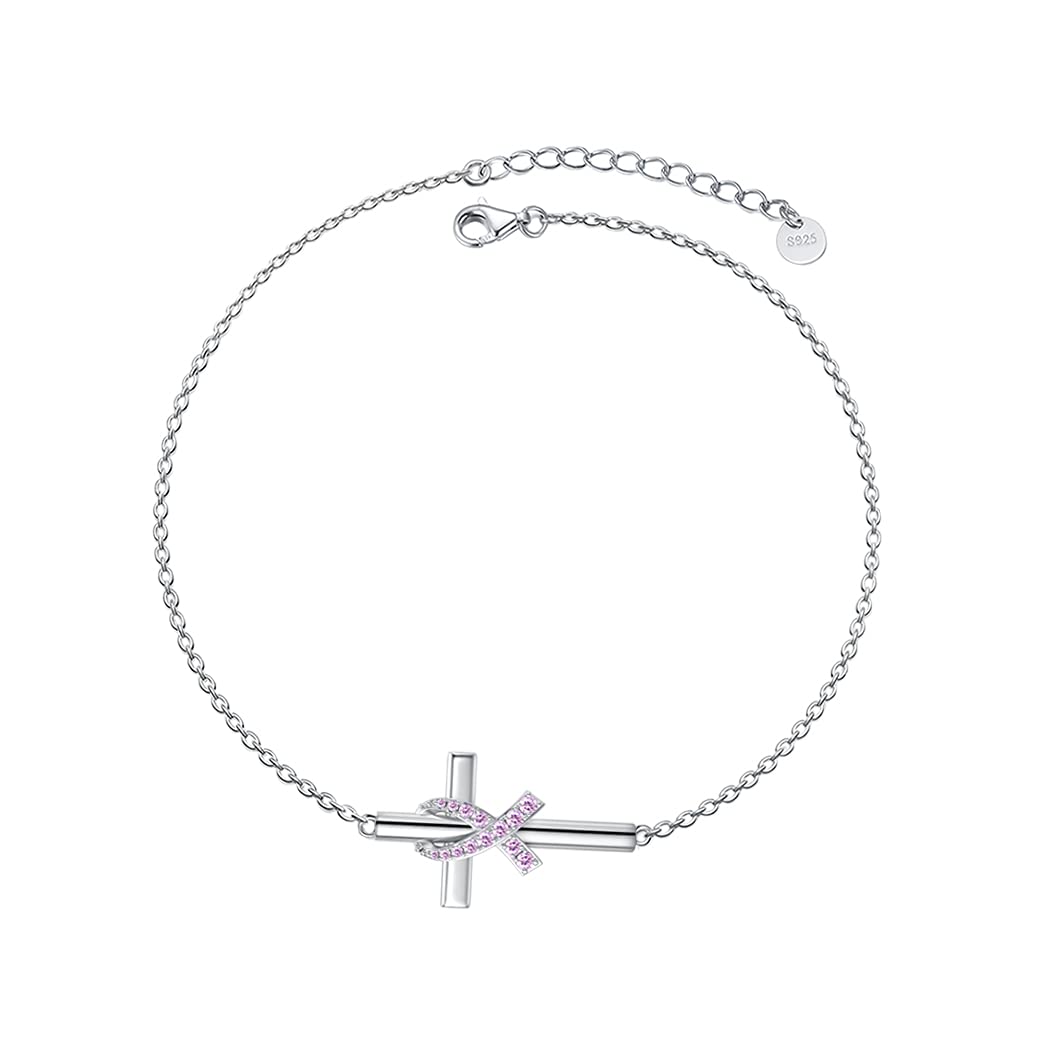 LEECCI 925 Sterling Silver Breast Cancer Awareness Bracelet Cross Pink Ribbon Bracelet Breast Cancer Survivor Gifts for Women