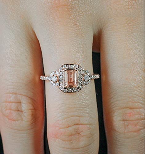 2PCS Gorgeous 18K Rose Gold Plated Morganite Ring Engagement Bridal Women Jewelry Set Morganite White Topaz Ring Set Women Bridal Wedding (6)