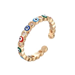 dainty cubic zirconia colorful turkish evil eye beaded band rings for women girls minimalist stacking finger knuckle open size expandable fashion protection jewelry wedding promise girlfriend for her daughter friendship birthday bff gifts (gold)