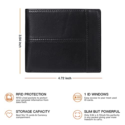 GOIACII Wallets for Men Genuine Leather RFID Blocking Bifold Wallet With ID Window and 16 Credit Card Pockets