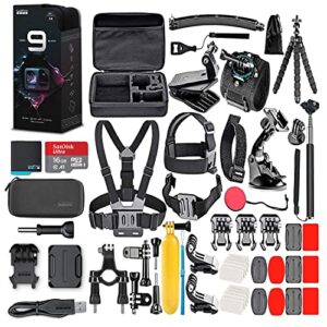 gopro hero9 black - waterproof action camera with front lcd, touch rear screens, 5k video, 20mp photos, 1080p live streaming, stabilization + 16gb card and 50 piece accessory kit - action kit