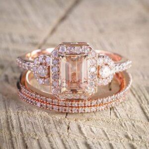 2PCS Gorgeous 18K Rose Gold Plated Morganite Ring Engagement Bridal Women Jewelry Set Morganite White Topaz Ring Set Women Bridal Wedding (6)