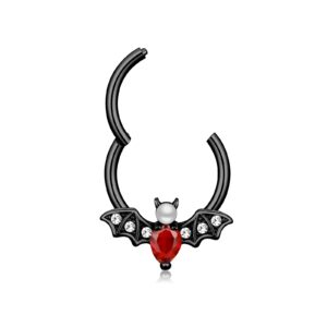 evispol 1pc 16g halloween bat nose rings for women men, 316l stainless steel hinged nose ring nose rings hoops bat septum ring cz septum clicker cartilage earrings daith tragus helix ear piercing jewelry-10mm-black-red cz