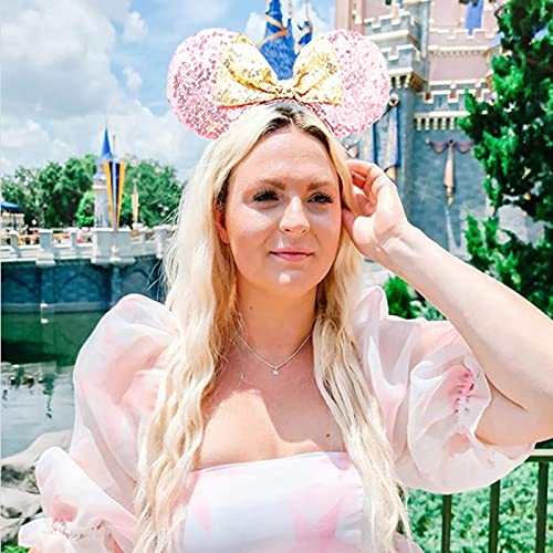 RCRAJE Mouse Ears Bow Headbands, Mice Sequin Ears Headbands for Kids Girls Women, Glitter Party Princess Decoration Cosplay Birthday Christmas Party (pink)