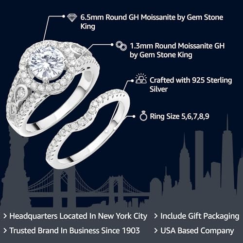 Gem Stone King 925 Sterling Silver Moissanite Women Wedding Engagement Ring Band Bridal Set (1.74 Cttw, Center 6.5MM, Available in size 5, 6, 7, 8, 9)