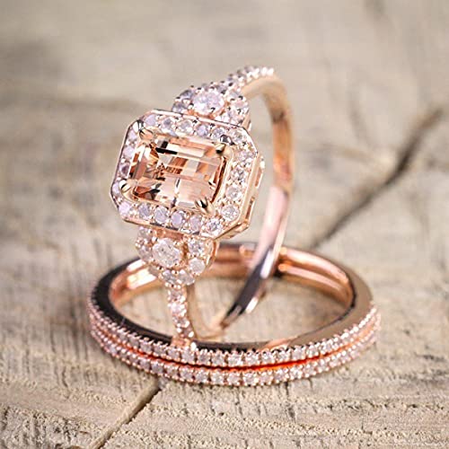 2PCS Gorgeous 18K Rose Gold Plated Morganite Ring Engagement Bridal Women Jewelry Set Morganite White Topaz Ring Set Women Bridal Wedding (6)