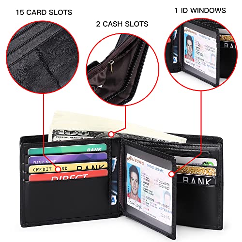 GOIACII Wallets for Men Genuine Leather RFID Blocking Bifold Wallet With ID Window and 16 Credit Card Pockets