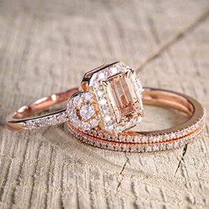 2PCS Gorgeous 18K Rose Gold Plated Morganite Ring Engagement Bridal Women Jewelry Set Morganite White Topaz Ring Set Women Bridal Wedding (6)