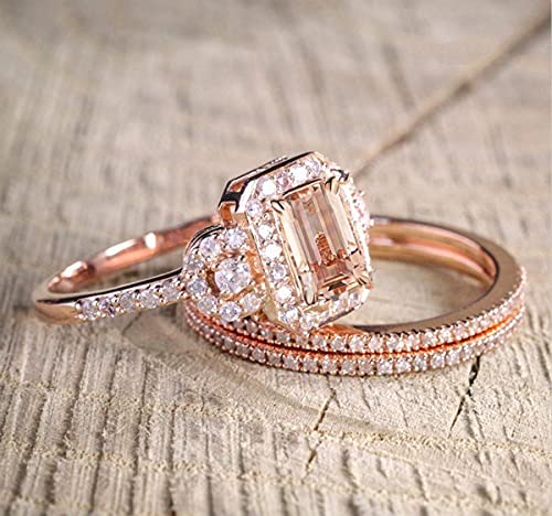 2PCS Gorgeous 18K Rose Gold Plated Morganite Ring Engagement Bridal Women Jewelry Set Morganite White Topaz Ring Set Women Bridal Wedding (6)