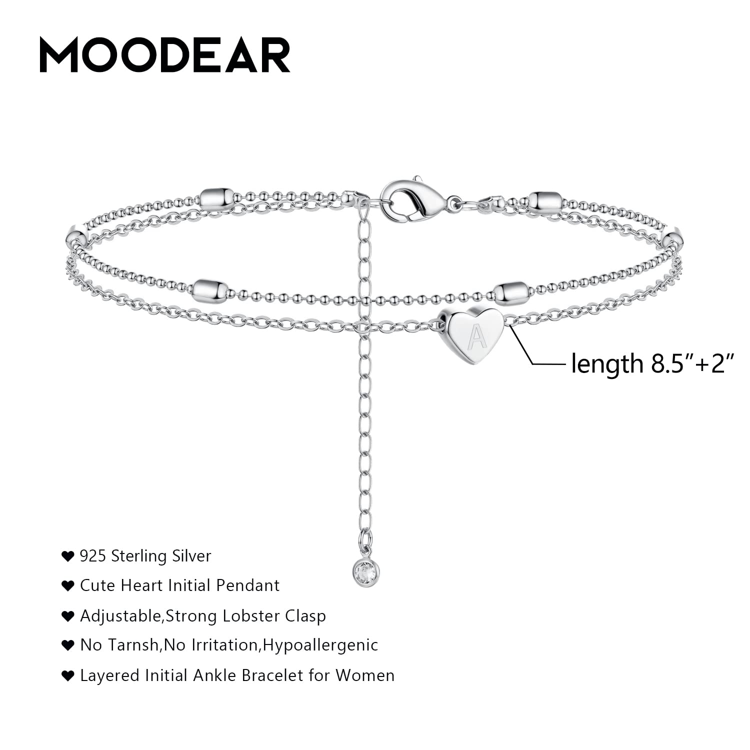 Moodear Silver A Initial Ankle Bracelets for Women - Waterproof Layered Sterling Silver Anklets Dainty Heart Charm Letter Anklet for Her