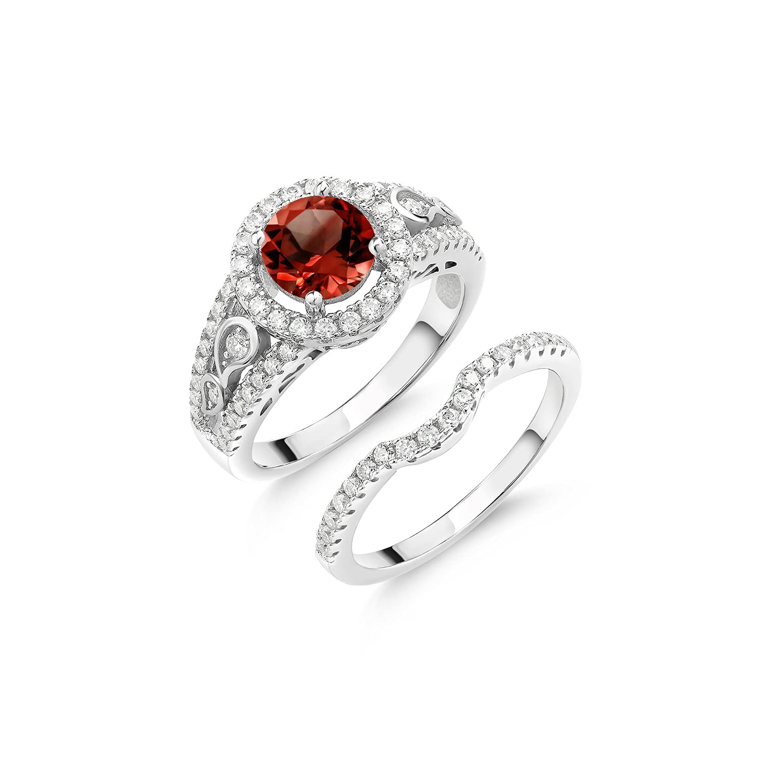 Gem Stone King 925 Sterling Silver Red Garnet and Moissanite Wedding Engagement Ring Band Bridal Set For Women (1.94 Cttw, Gemstone Birthstone, Available In Size 5, 6, 7, 8, 9)