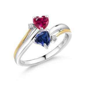 gem stone king 925 silver and 10k yellow gold red created ruby blue created sapphire and lab grown diamond 2 heart promise couple engagement mother ring (1.12 cttw, available in size 5, 6, 7, 8, 9)