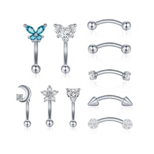 evispol 10pcs 16g rook piercing jewelry for women men, eyebrow rings curved barbell 316l stainless steel belly lip rings cz daith cartilage earrings tragus helix piercing jewelry-6mm-silver