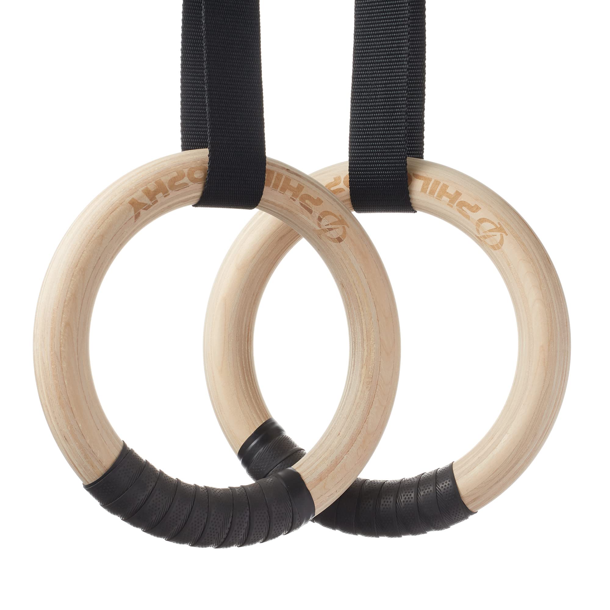 Philosophy Gym Wood Gymnastic Rings 1.25" Grip - Exercise Ring Set with Adjustable Straps, Grip Tape for Pull Ups, Dips, Muscle Ups