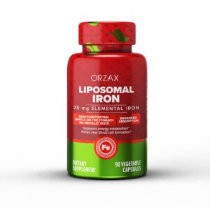 orzax iron supplement 25 mg -liposomal technology- high bioavailability 90 vegetable capsules, helps new blood cell production, non-constipating, non-gmo & gluten free, for women, men, adults