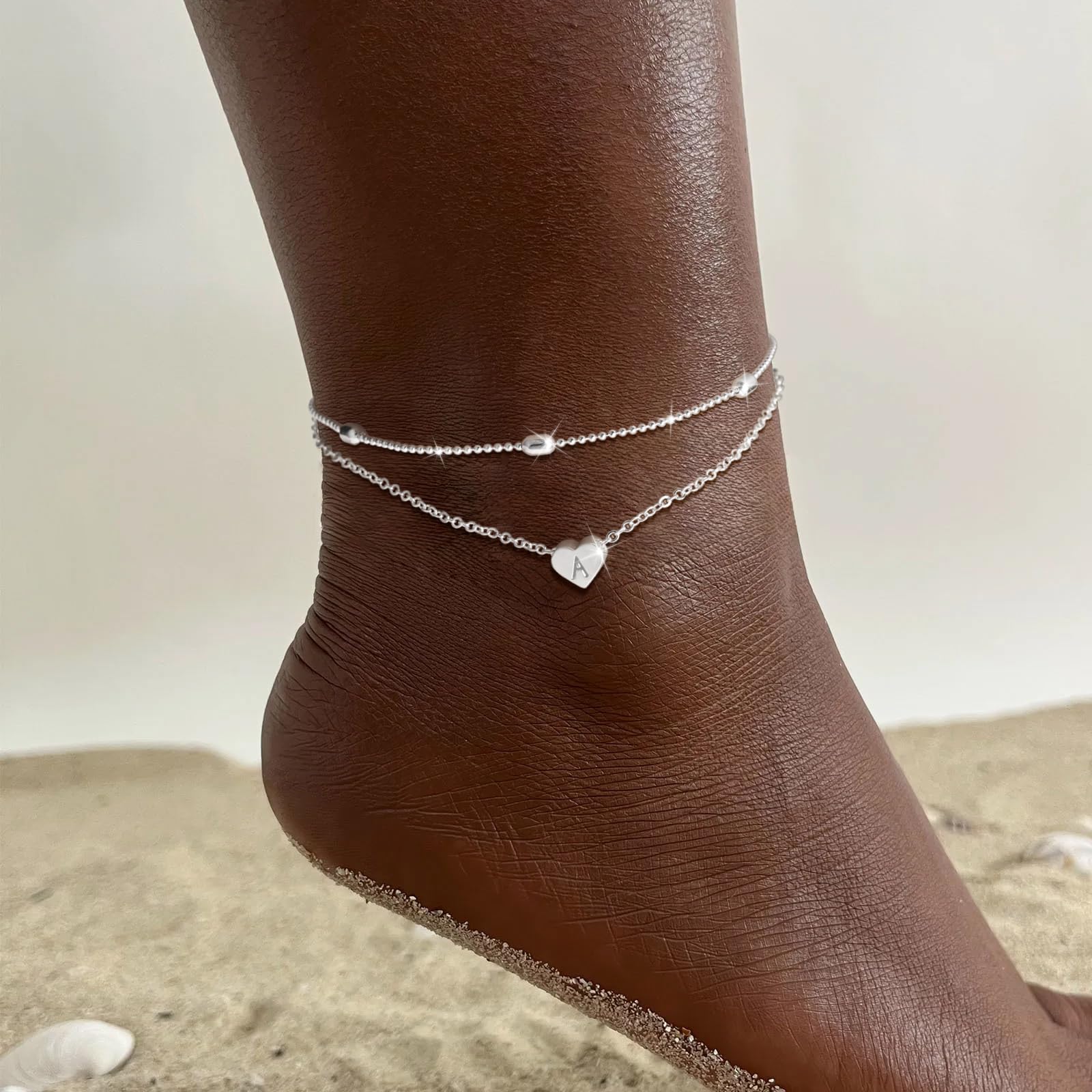 Moodear Silver A Initial Ankle Bracelets for Women - Waterproof Layered Sterling Silver Anklets Dainty Heart Charm Letter Anklet for Her