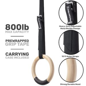 Philosophy Gym Wood Gymnastic Rings 1.25" Grip - Exercise Ring Set with Adjustable Straps, Grip Tape for Pull Ups, Dips, Muscle Ups