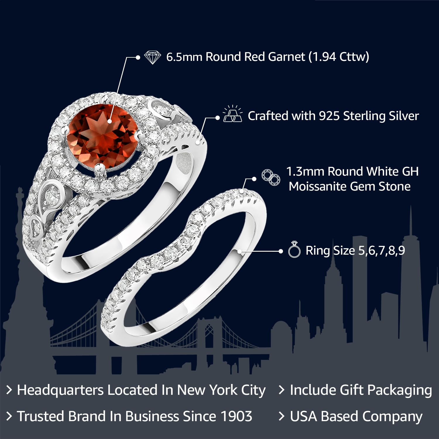 Gem Stone King 925 Sterling Silver Red Garnet and Moissanite Wedding Engagement Ring Band Bridal Set For Women (1.94 Cttw, Gemstone Birthstone, Available In Size 5, 6, 7, 8, 9)