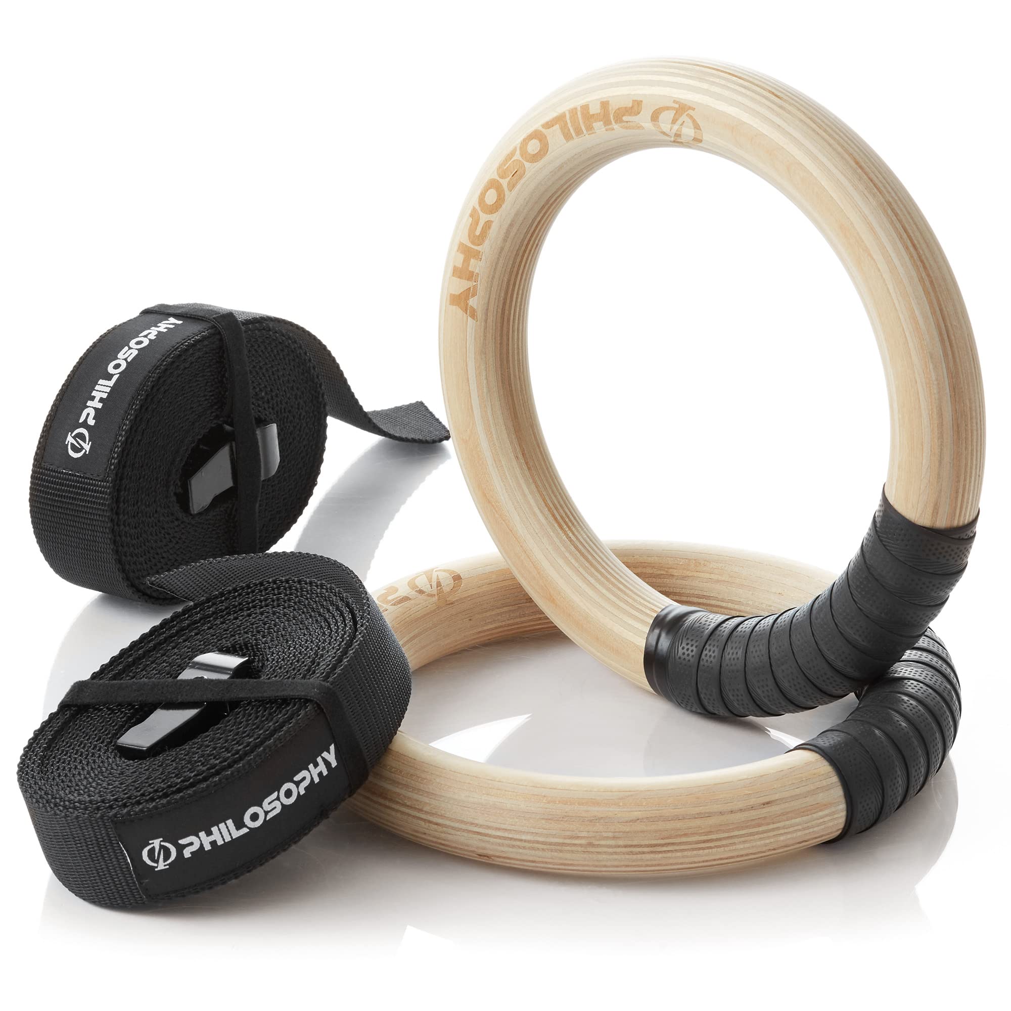 Philosophy Gym Wood Gymnastic Rings 1.25" Grip - Exercise Ring Set with Adjustable Straps, Grip Tape for Pull Ups, Dips, Muscle Ups