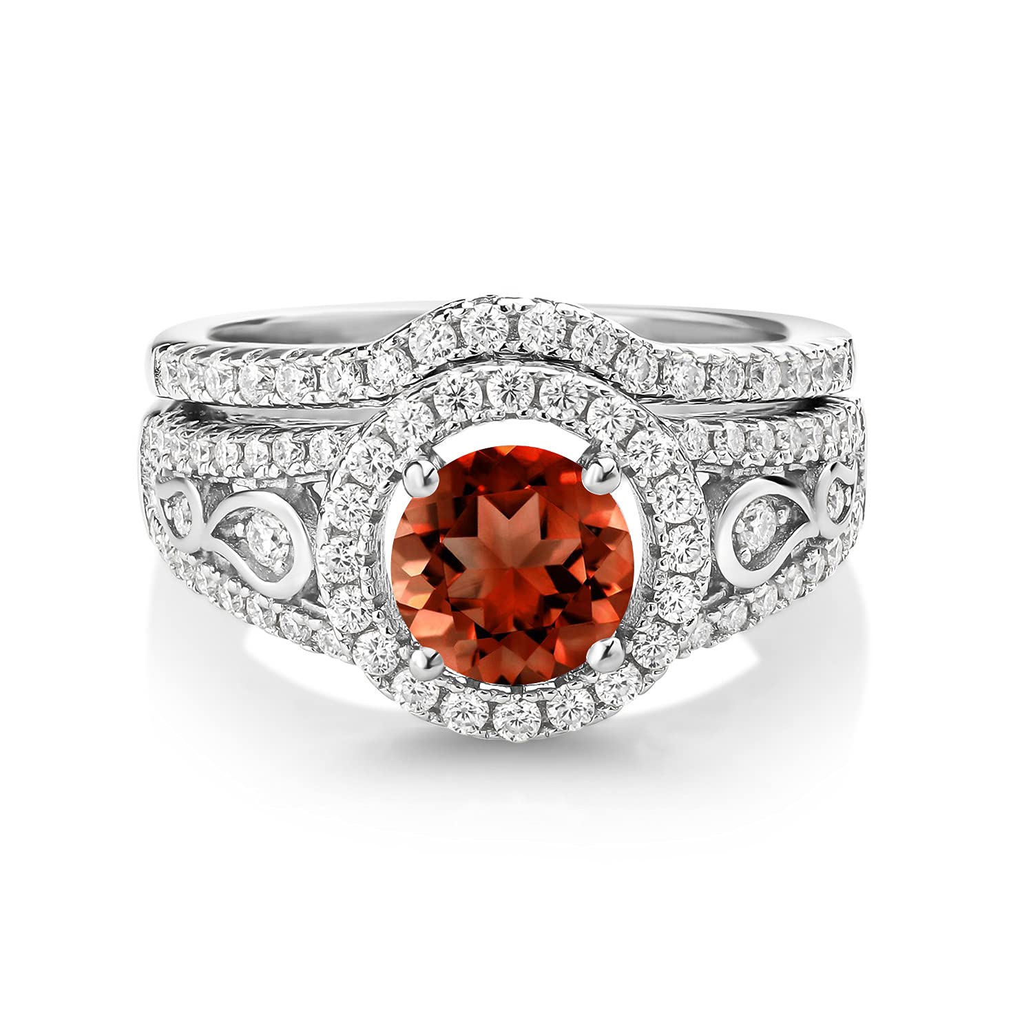 Gem Stone King 925 Sterling Silver Red Garnet and Moissanite Wedding Engagement Ring Band Bridal Set For Women (1.94 Cttw, Gemstone Birthstone, Available In Size 5, 6, 7, 8, 9)