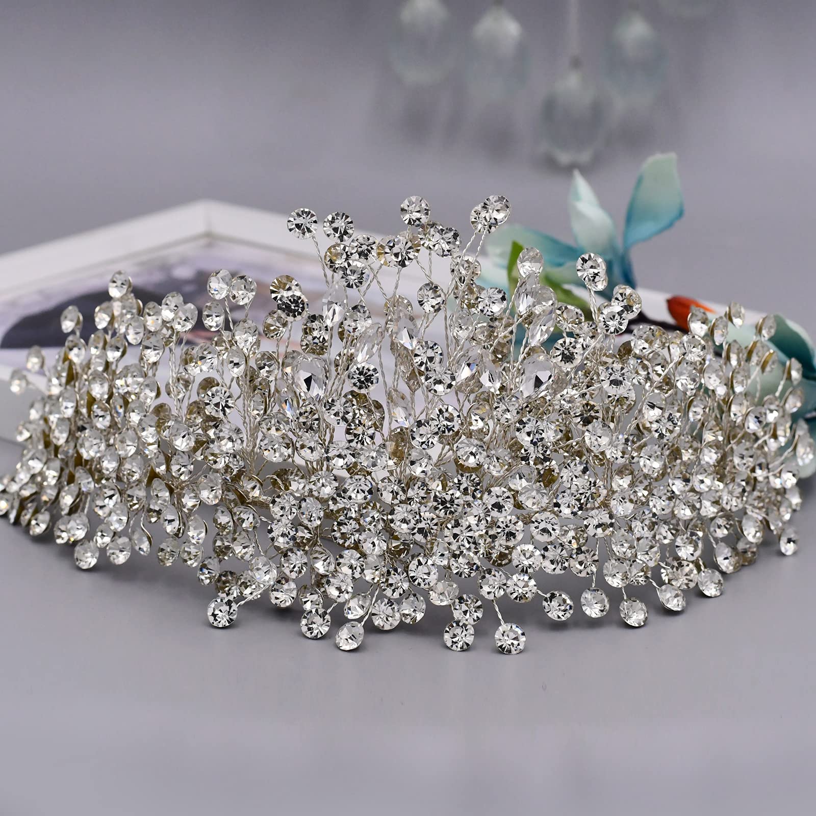 ULAPAN HP376 Silver Rhinestone Wedding Headpiece for Women Handmade Bridal Headband Hair Accessories (Headwear + earrings set)