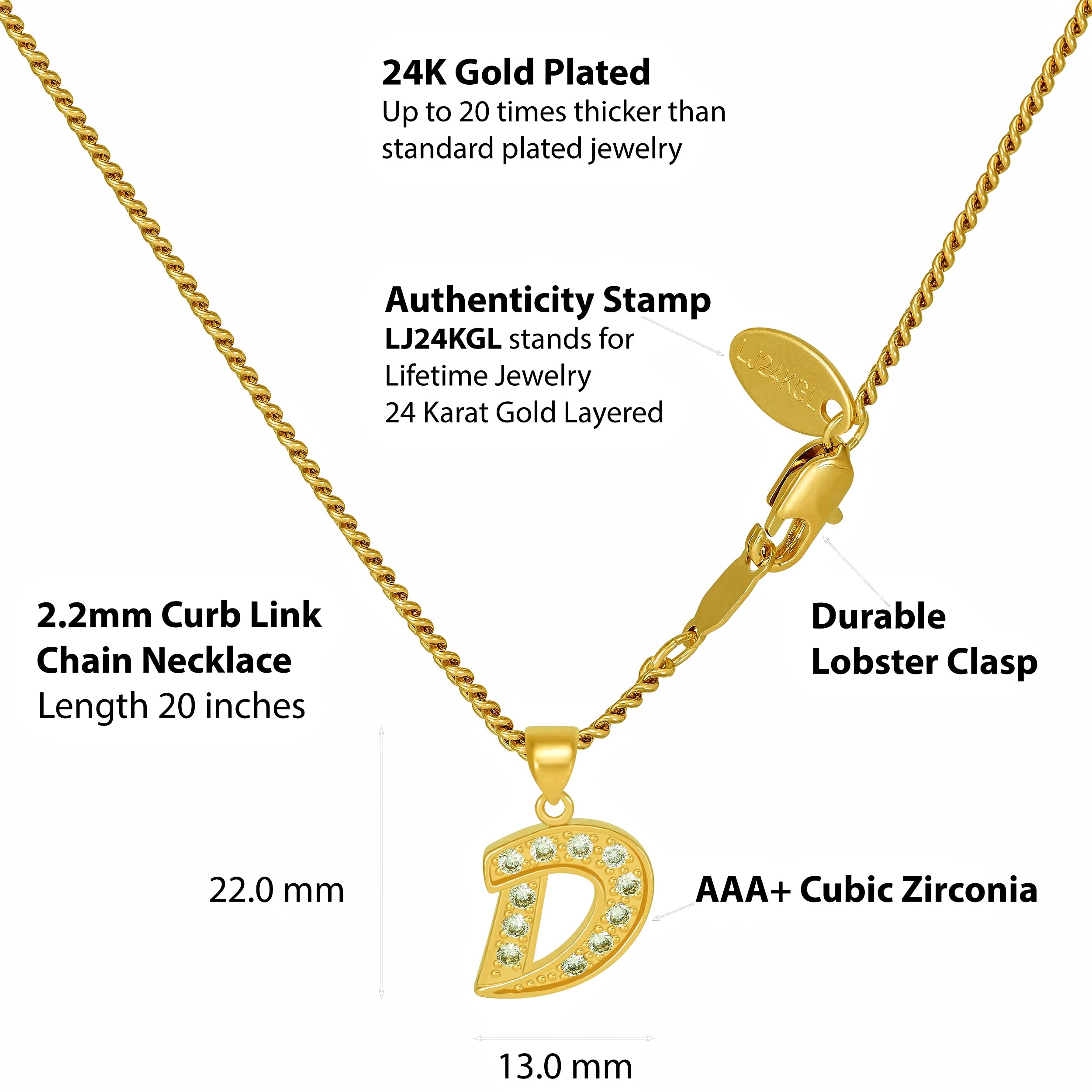 LIFETIME JEWELRY Small Initial Cubic Zirconia Letter Necklace Chain 24k Gold Plated (D - 7/8" Initial + 20" Necklace)