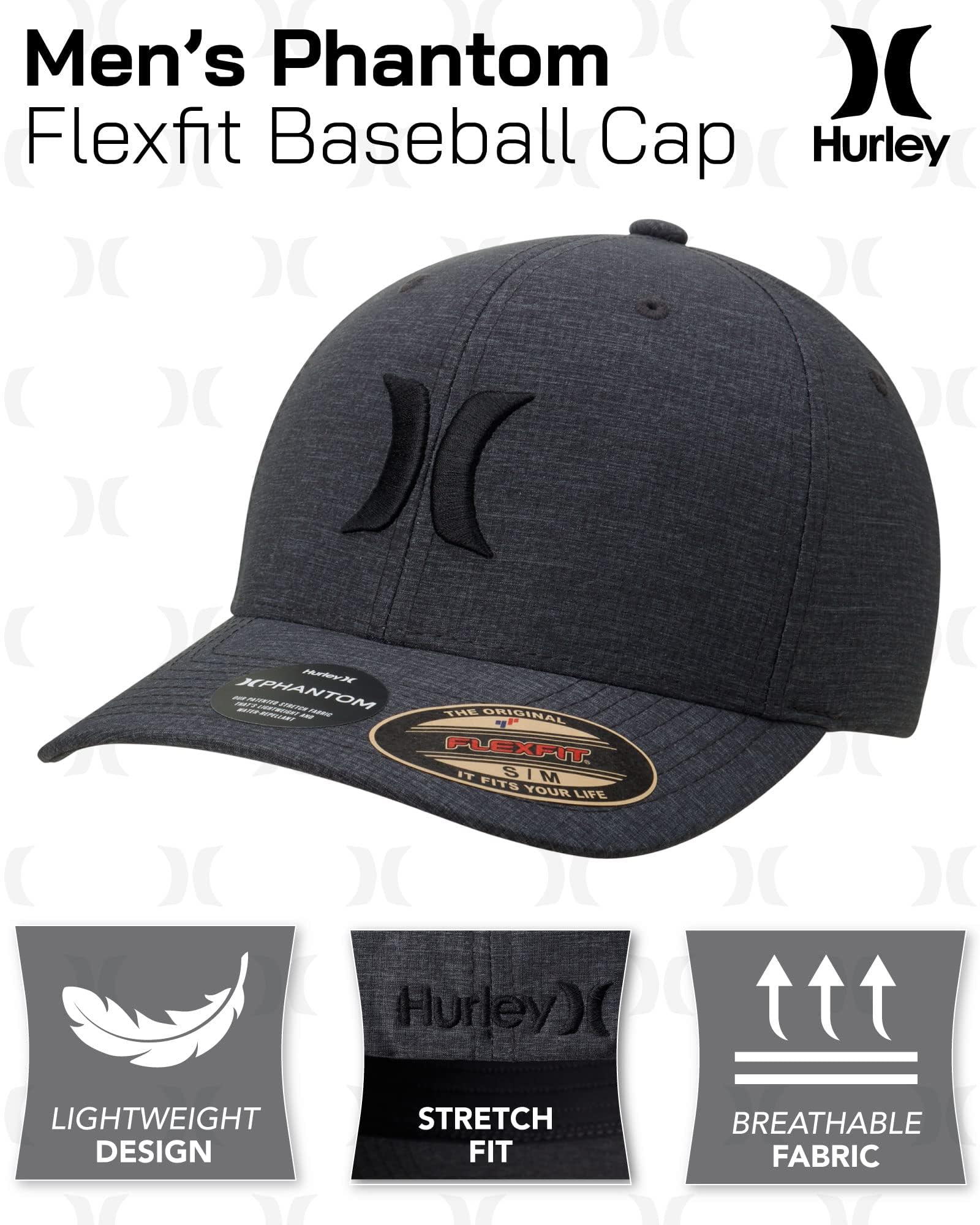 Hurley Men’s Hat – Phantom Flexfit Fitted Baseball Cap, Size Large-X-Large, Black