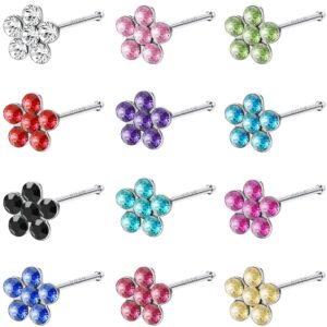 IRONBOX 12Pcs 22G Nose Studs for Women Men 925 Sterling Silver Inlaid 3MM Round Heart Flower Austrian Cubic Zirconia Nose Rings Stud Multicolor Nose Body Piercing Jewelry with Box